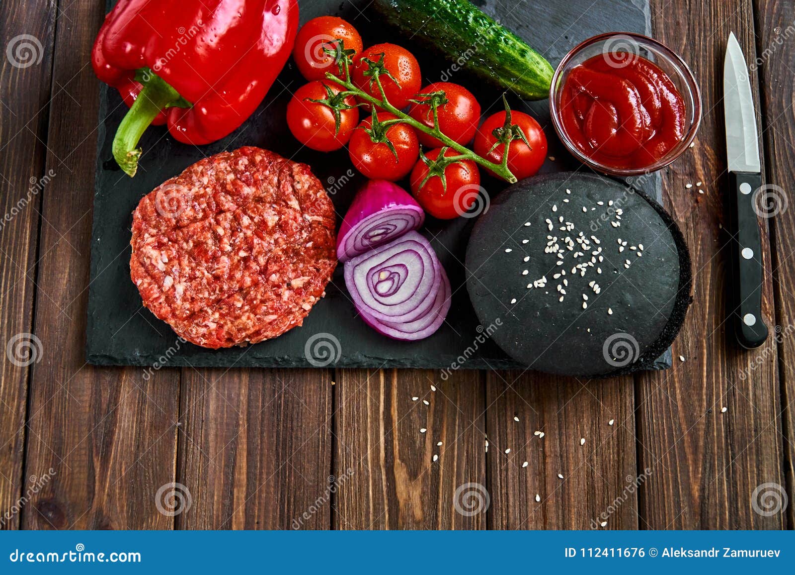 Preparation of burger stock photo. Image of table, meat - 112411676