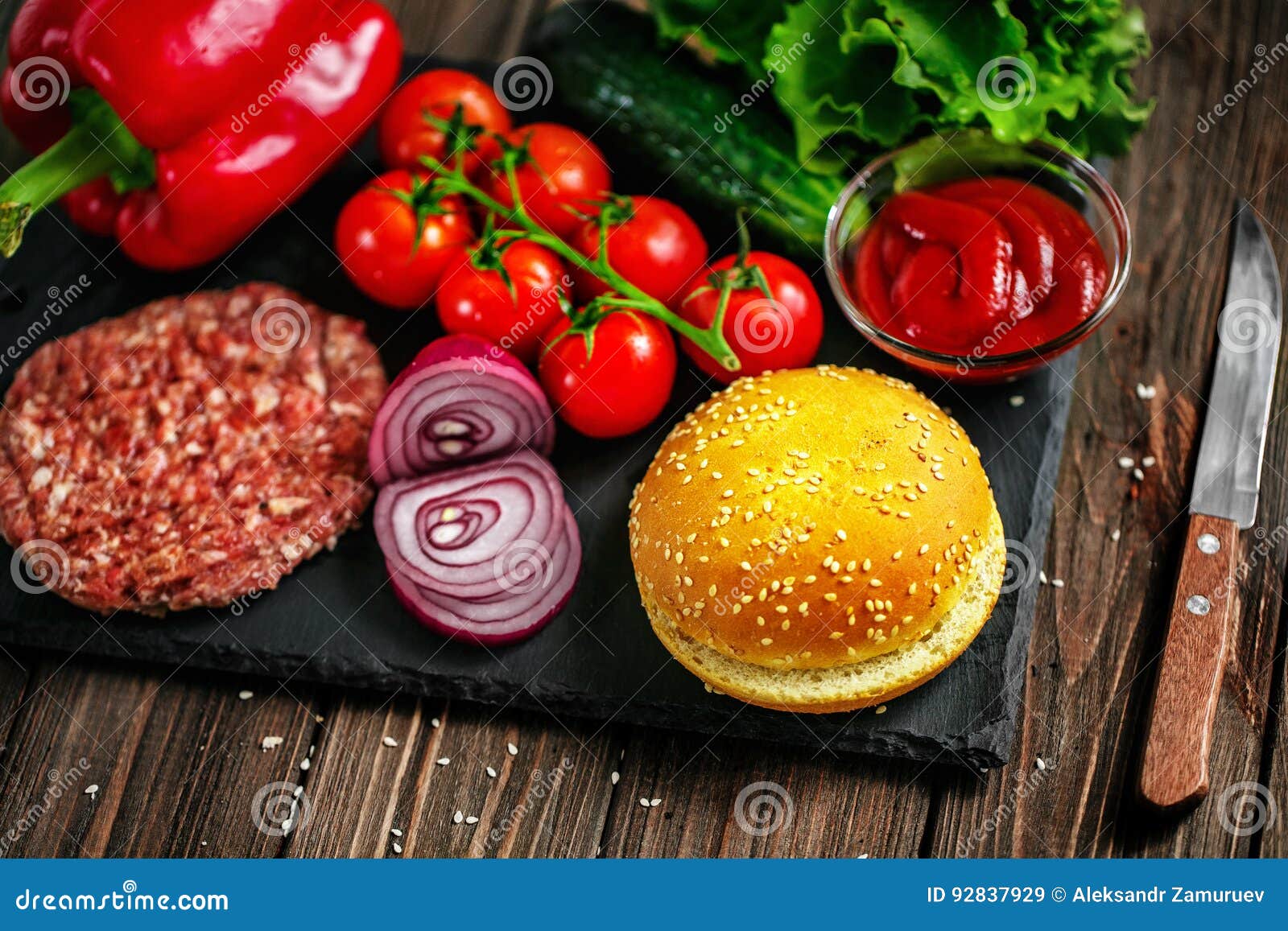 Preparation of burger stock image. Image of dinner, ingredient - 92837929