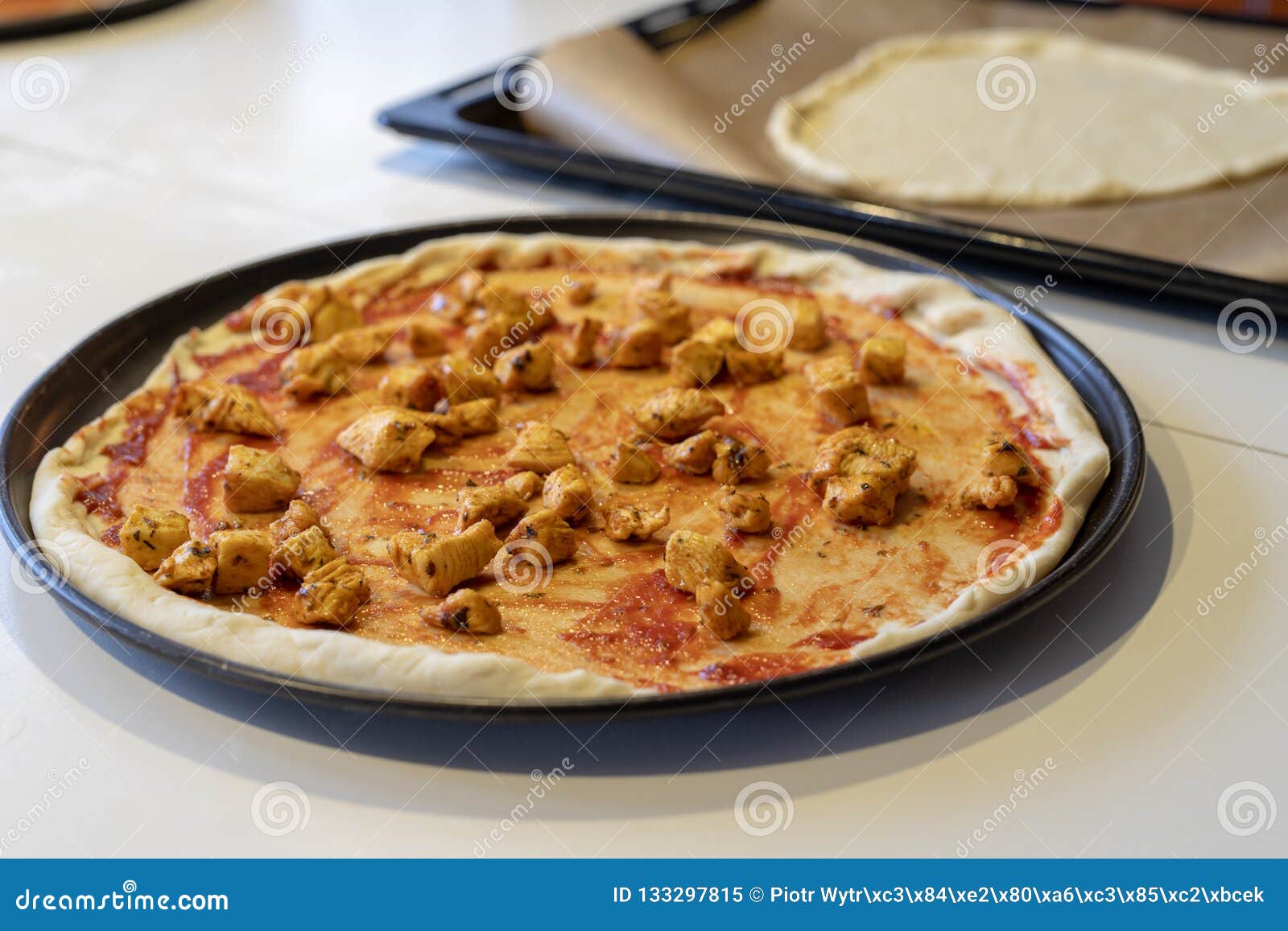 Preparation of a Delicious Pizza in a Home Kitchen. Laying and D Stock ...