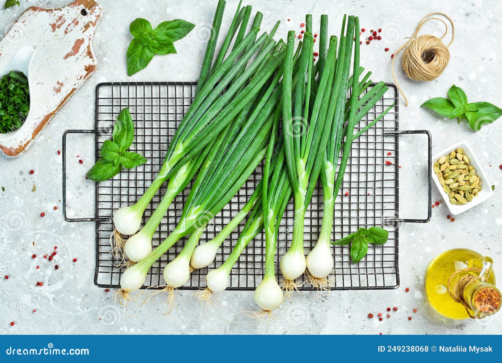 Preparation. Fresh Green Onions on the Kitchen Table Stock Photo ...