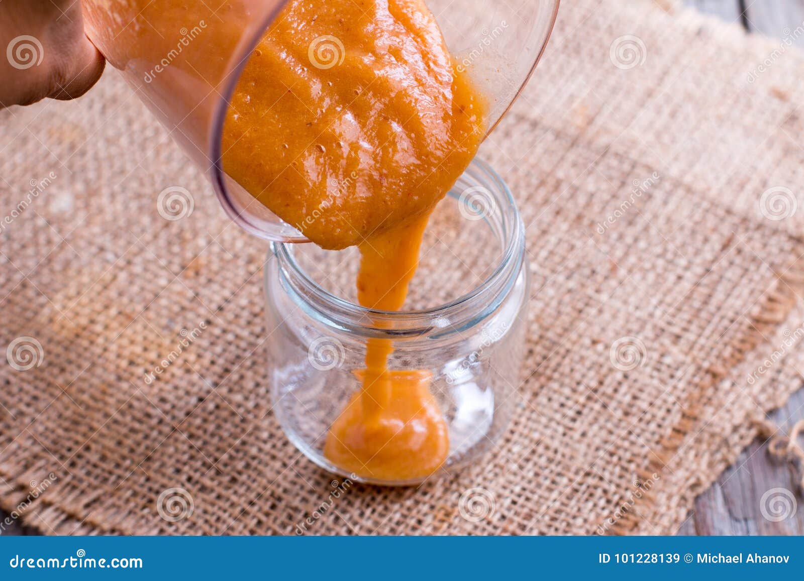 Preparation of Fruit Puree in a Jar on a Wooden Background Stock Image ...
