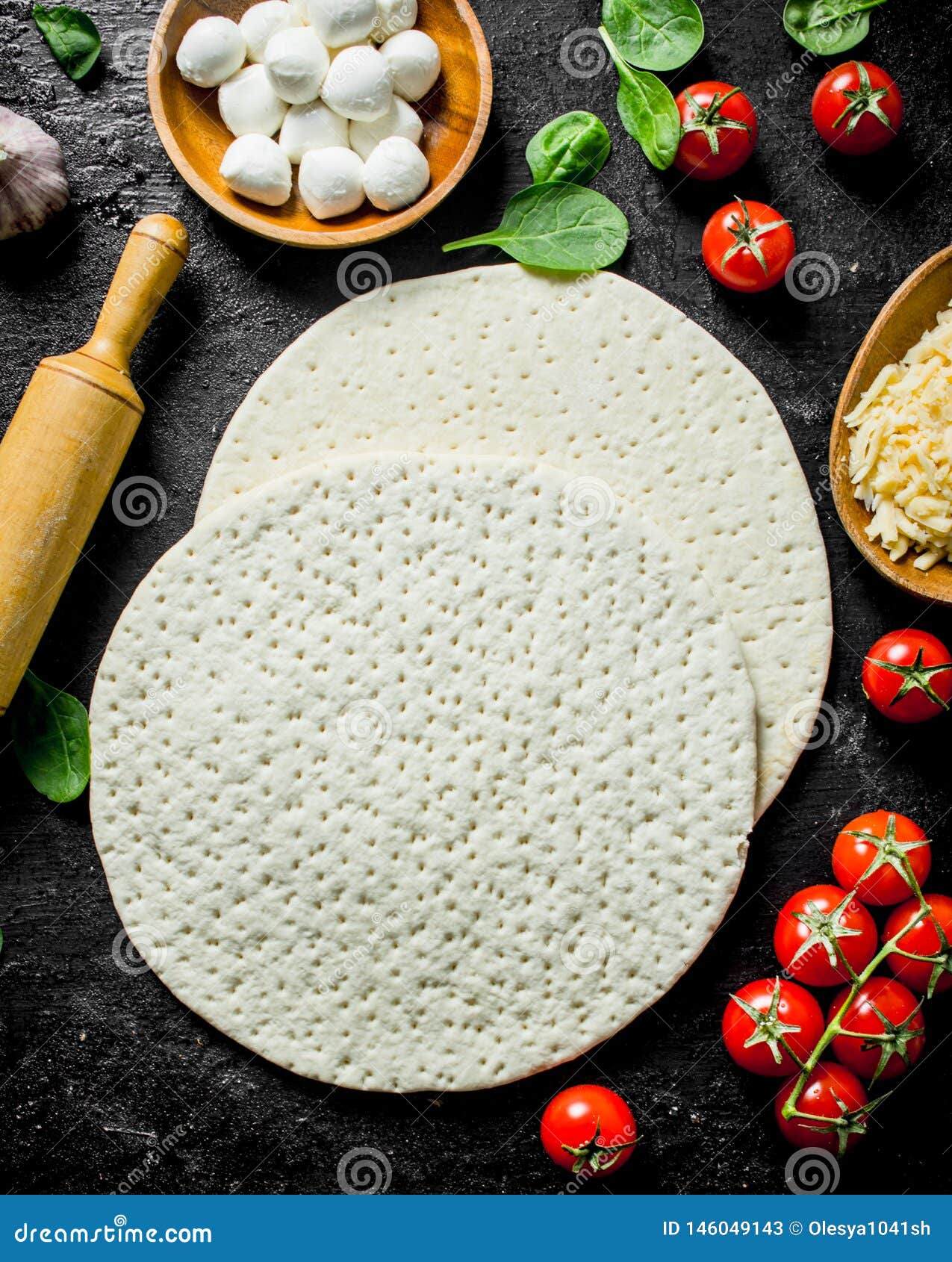 Preparation Pizza. Round Dough with Tomatoes, Cheese and Spinach Stock ...
