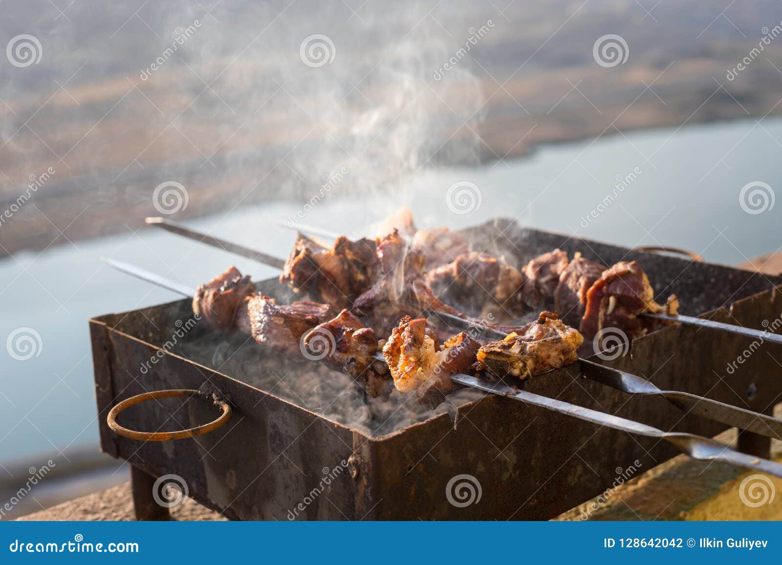 Preparation of Shish Kebab Bbq. Outdoor. Close Up Stock Photo - Image ...