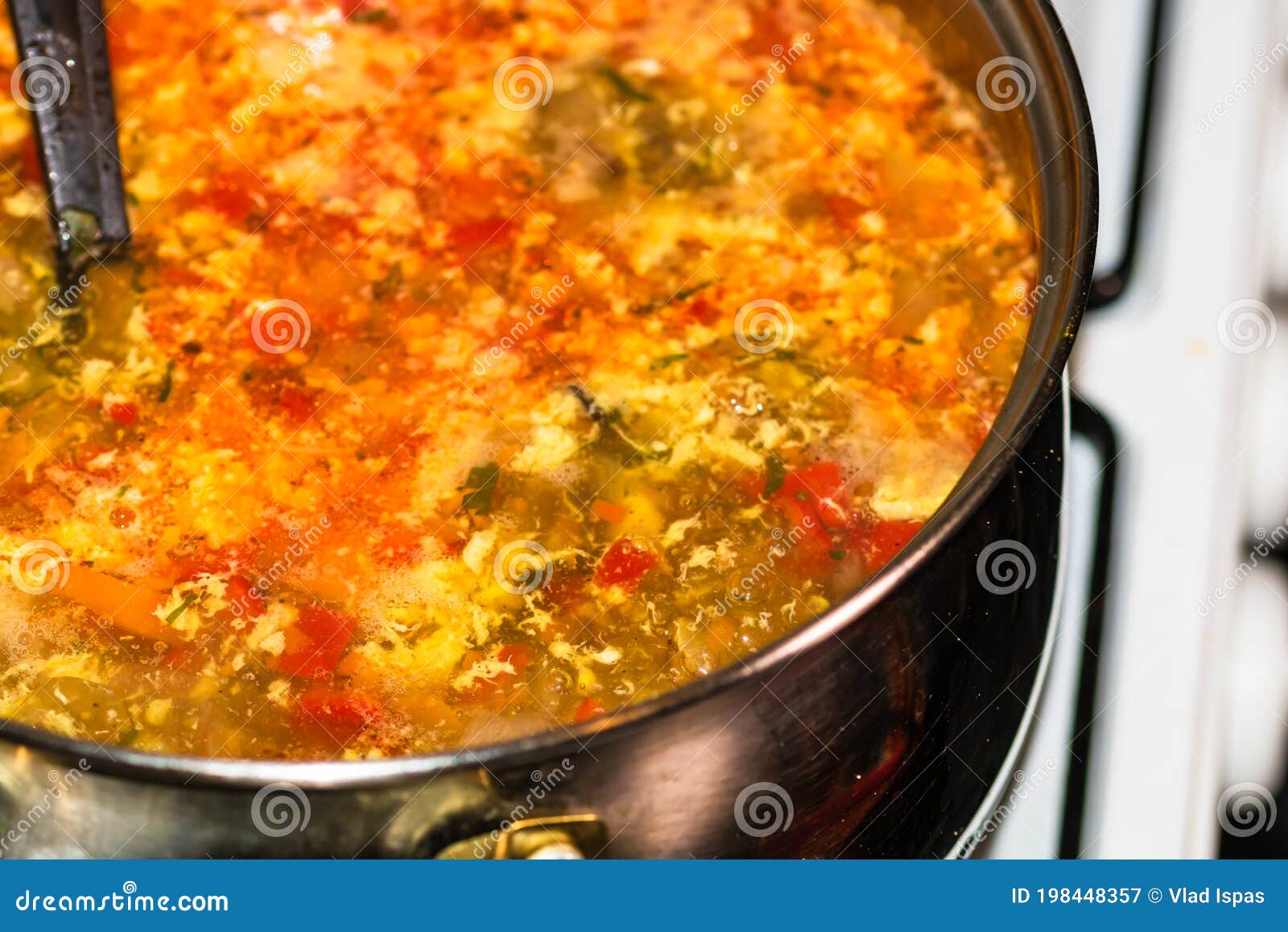 Preparation of Soup with Chicken and Vegetables. Close Up of Boiling ...