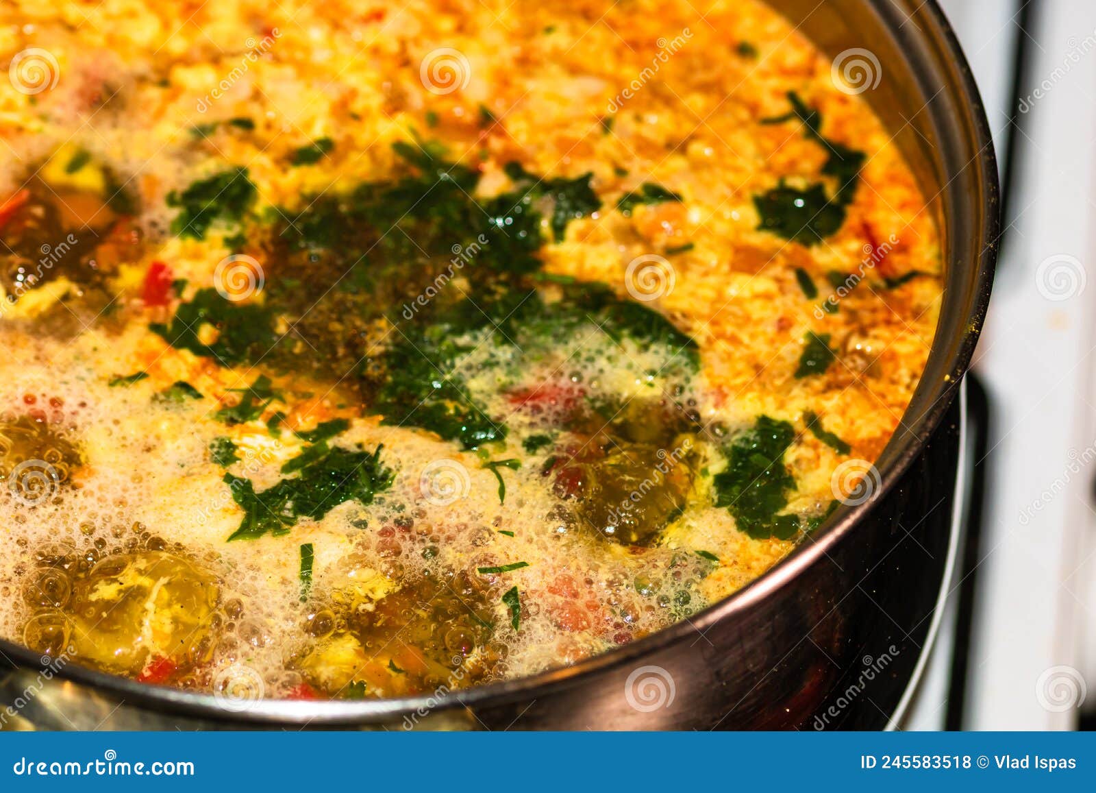 Preparation of Soup with Chicken and Vegetables. Close Up of Boiling ...