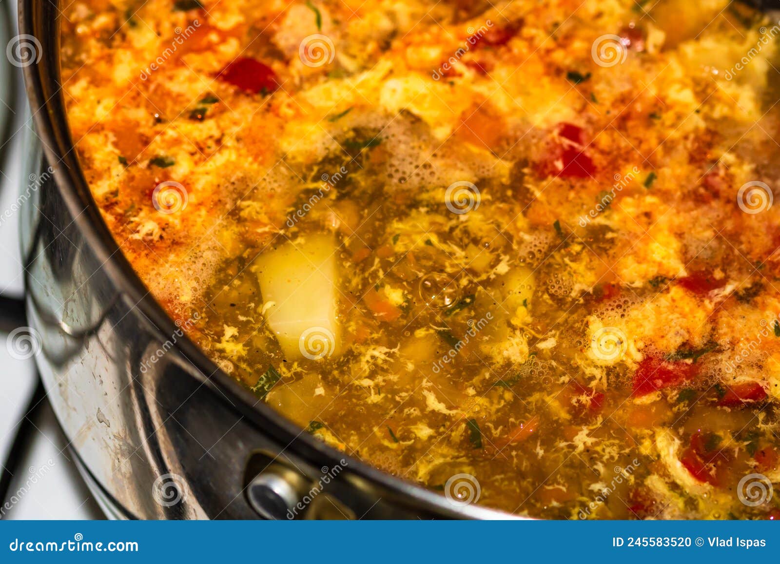 Preparation of Soup with Chicken and Vegetables. Close Up of Boiling ...