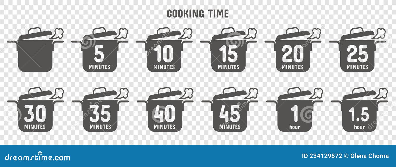 Preparation Time Icon Set. Cook Time Signs. Vector Symbols with Pan ...