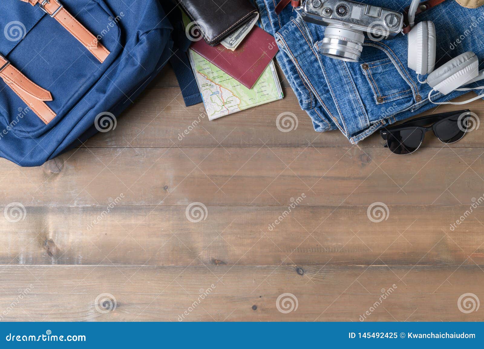 Prepare Backpack Accessories and Travel Items on Wood Stock Image ...
