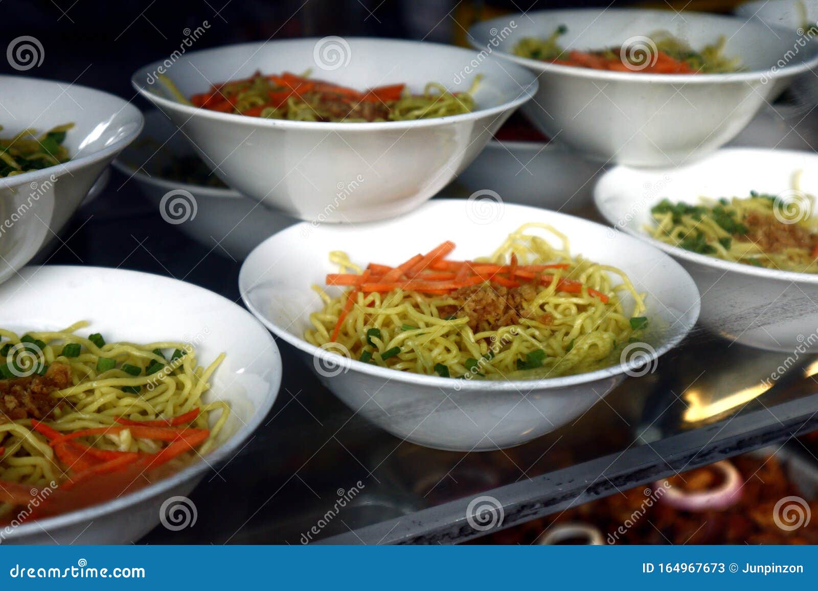 Prepared Bowls of Noodle Soup on Display Stock Image - Image of flavor ...