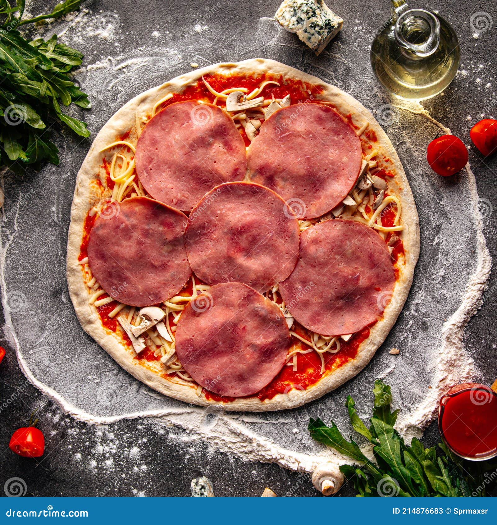 Prepared Dough Base for Neapolitan Pizza with Toppings Stock Image ...