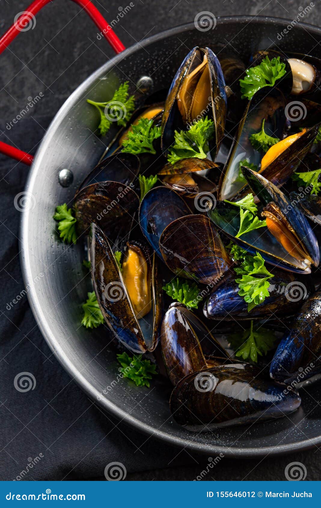 Prepared Mussels in Pan with Parsley, Top View Stock Photo - Image of ...