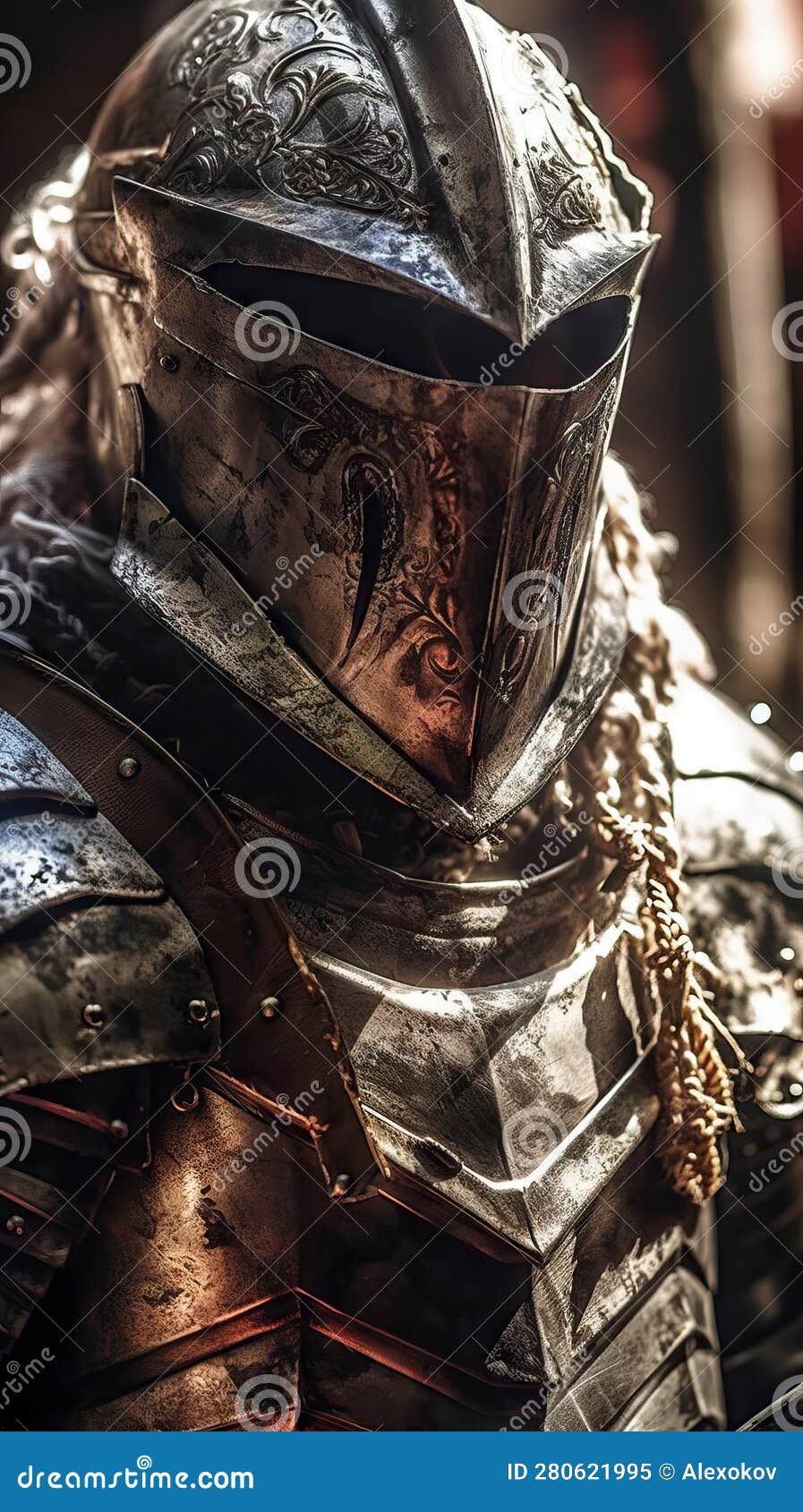 Preparing for Battle: a Knight Donning Shiny Metal Armor at Dawn with a ...