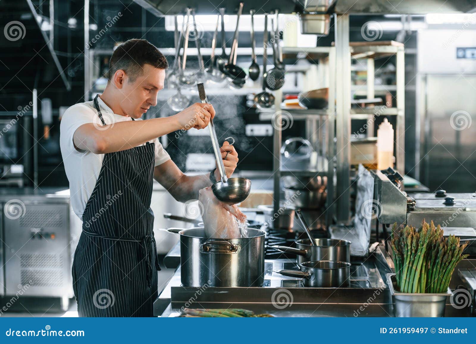 Preparing Chicken. Chef is on the Kitchen Making Food Stock Image ...