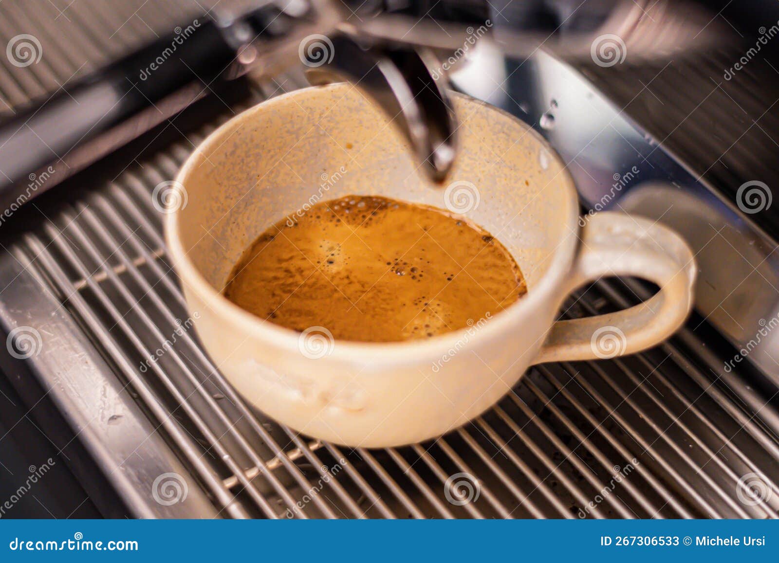 Preparing Coffee with Bar Coffee Machine, Coffee is Poured in a Ceramic ...