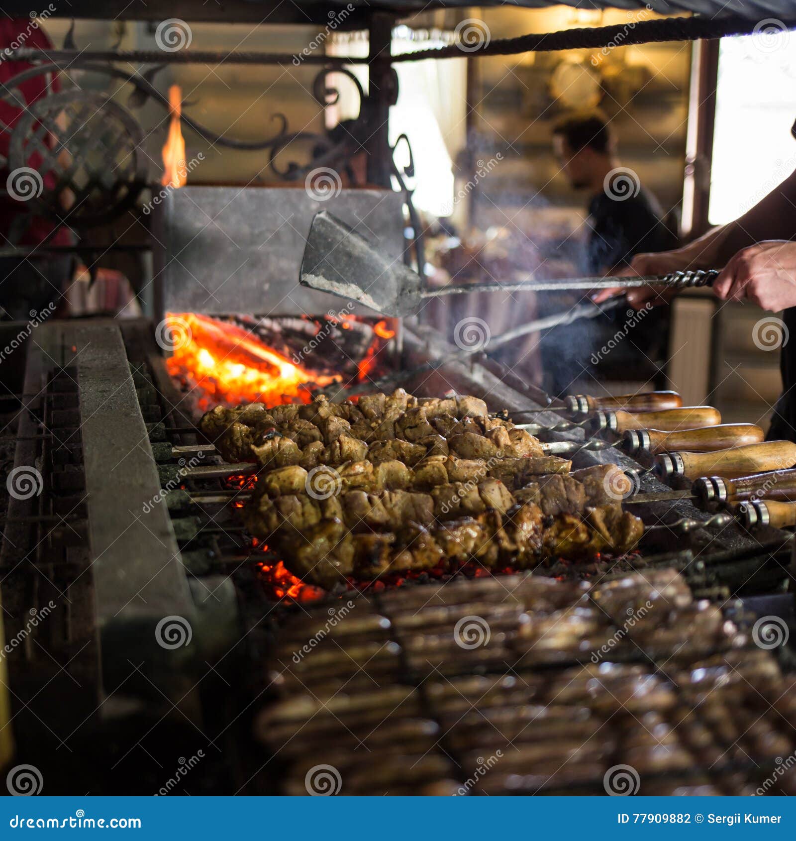 Preparing Grilled Skewed Meat on Bbq in Restaurant Stock Photo - Image ...