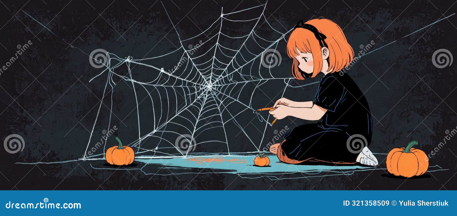 Preparing for Halloween - Child Draw with Chalk Cobweb and Spider ...