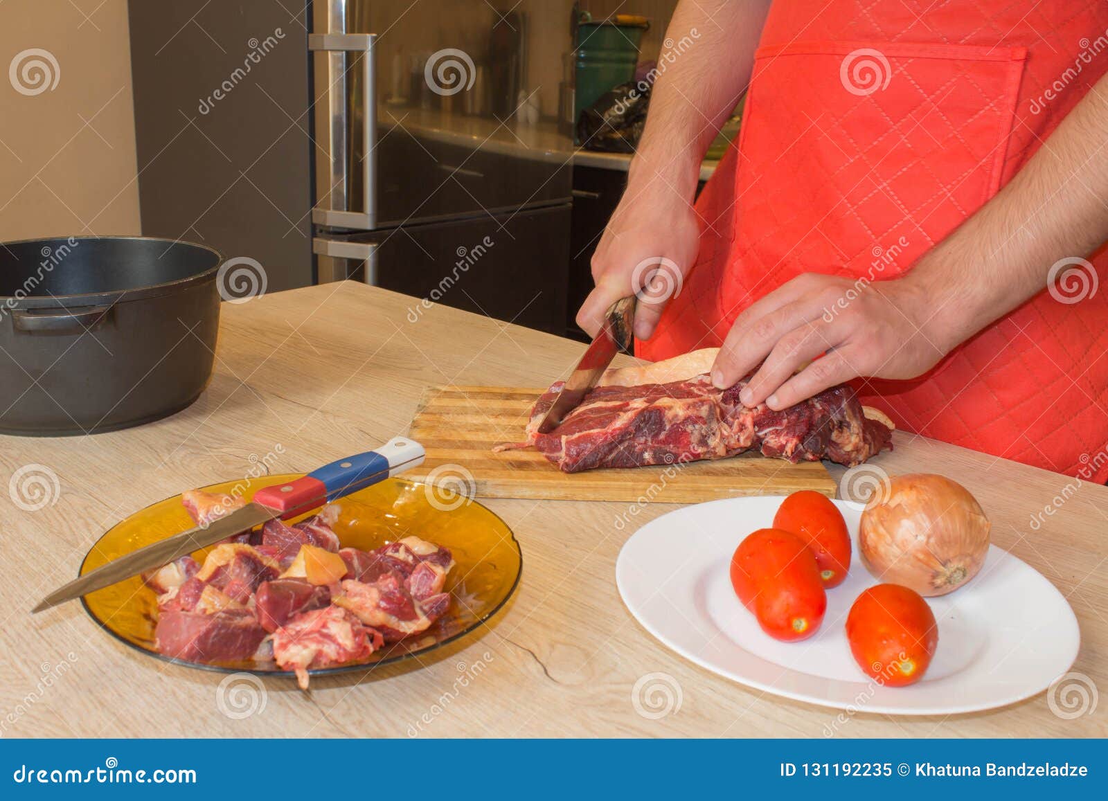 Preparing Lean Meat. Hands of a Man Preparing Meat and Vegetables in a ...