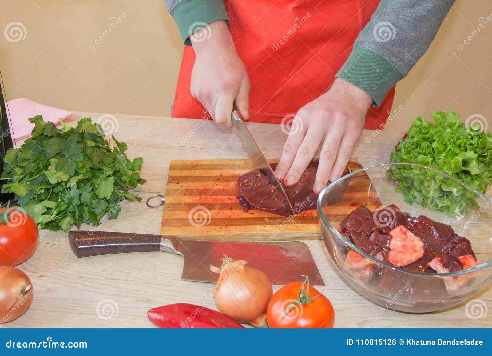 Preparing Lean Meat. Hands of a Man Preparing Meat and Vegetables in a ...