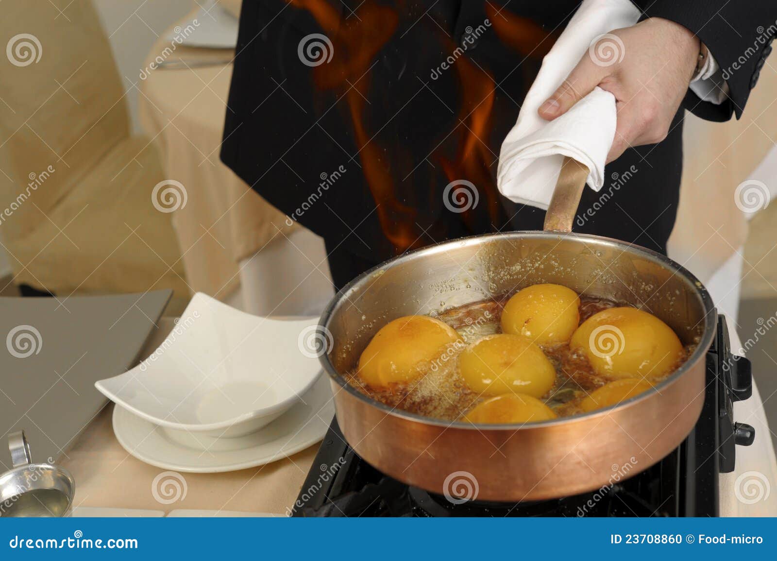 Preparing peaches flamb stock photo. Image of dish, step - 23708860