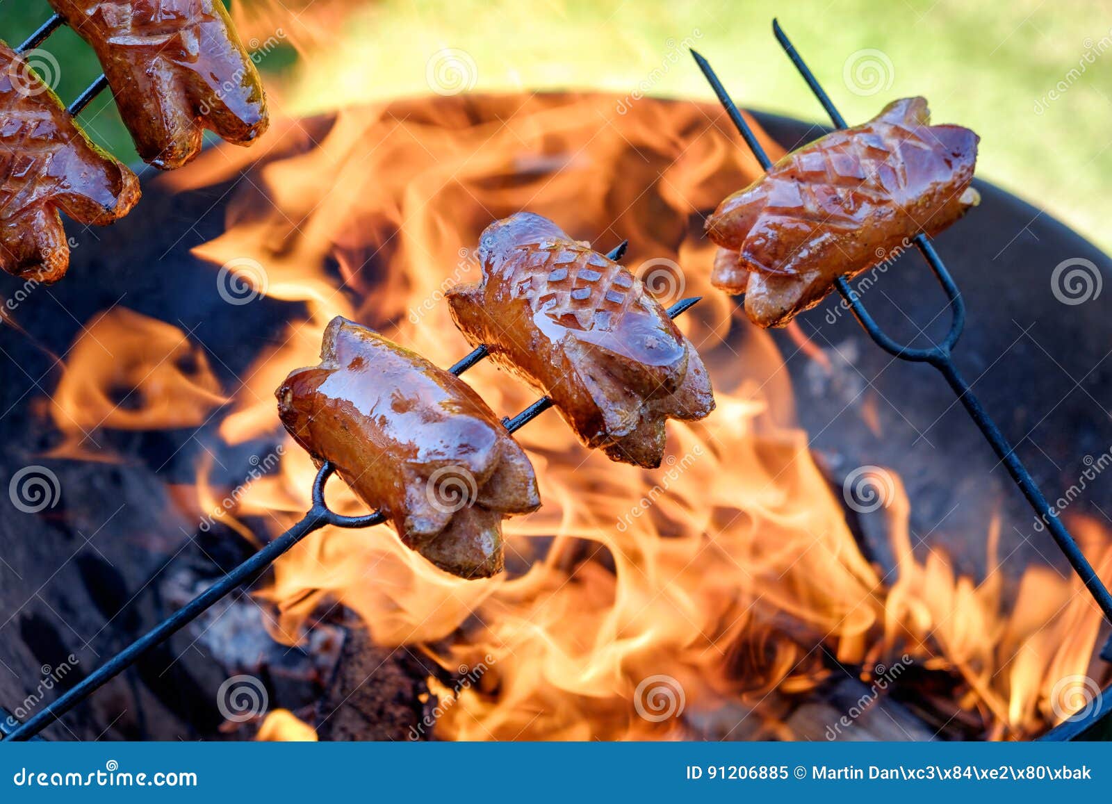 Preparing Sausages on Camp Fire Stock Image - Image of food, grilled ...