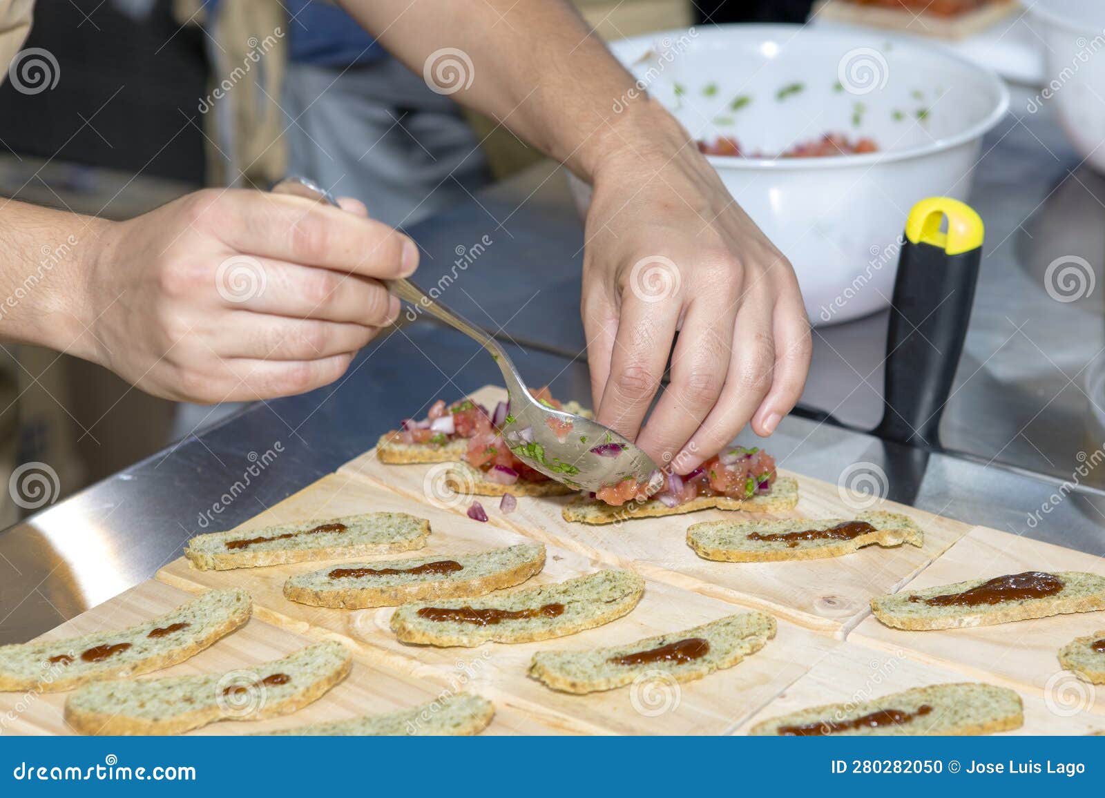Preparing Spanish Tapa on Top of Bread Slice Stock Photo - Image of ...