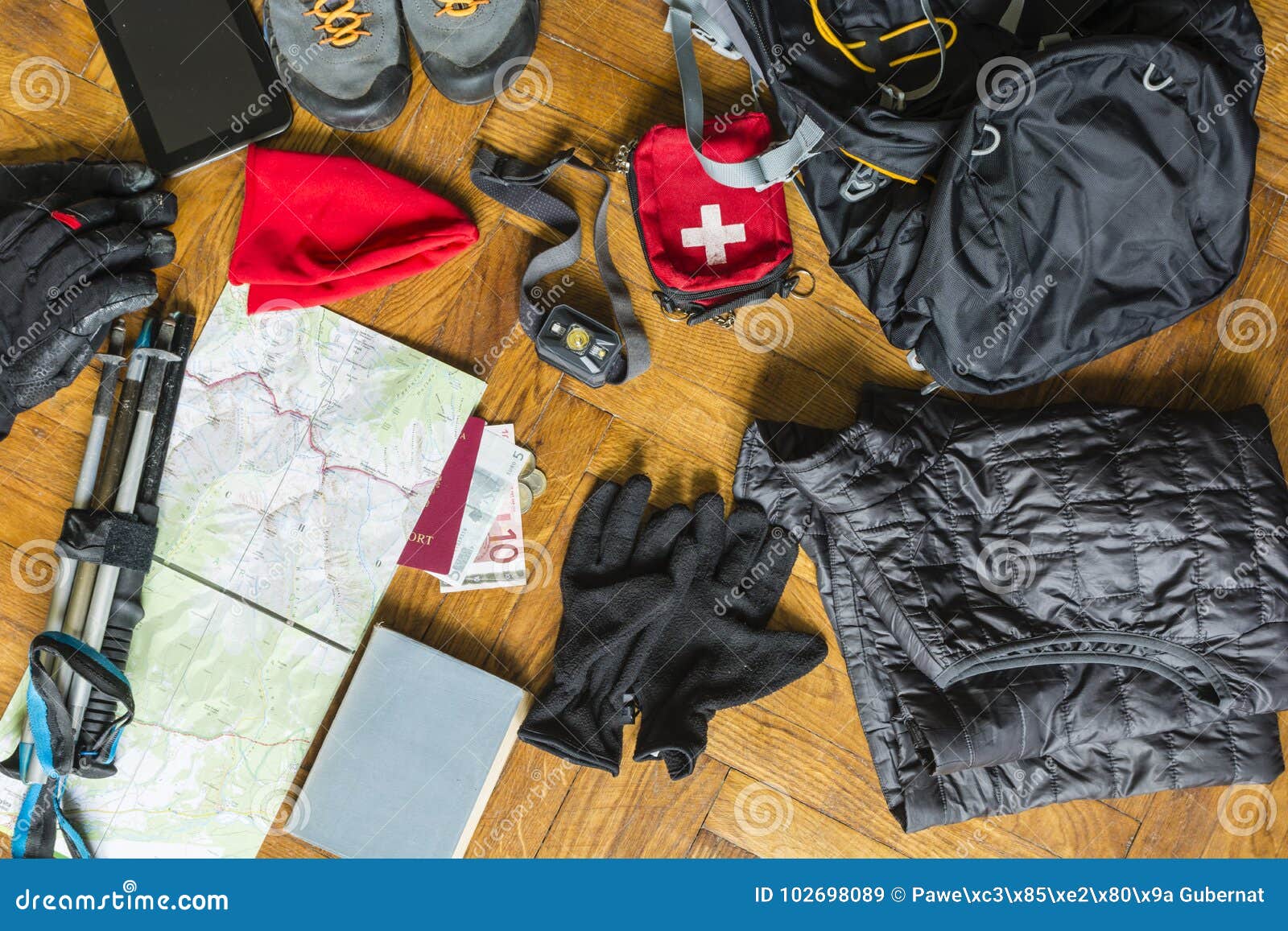 Preparation for Packing the Backpack. Stock Image - Image of coin ...