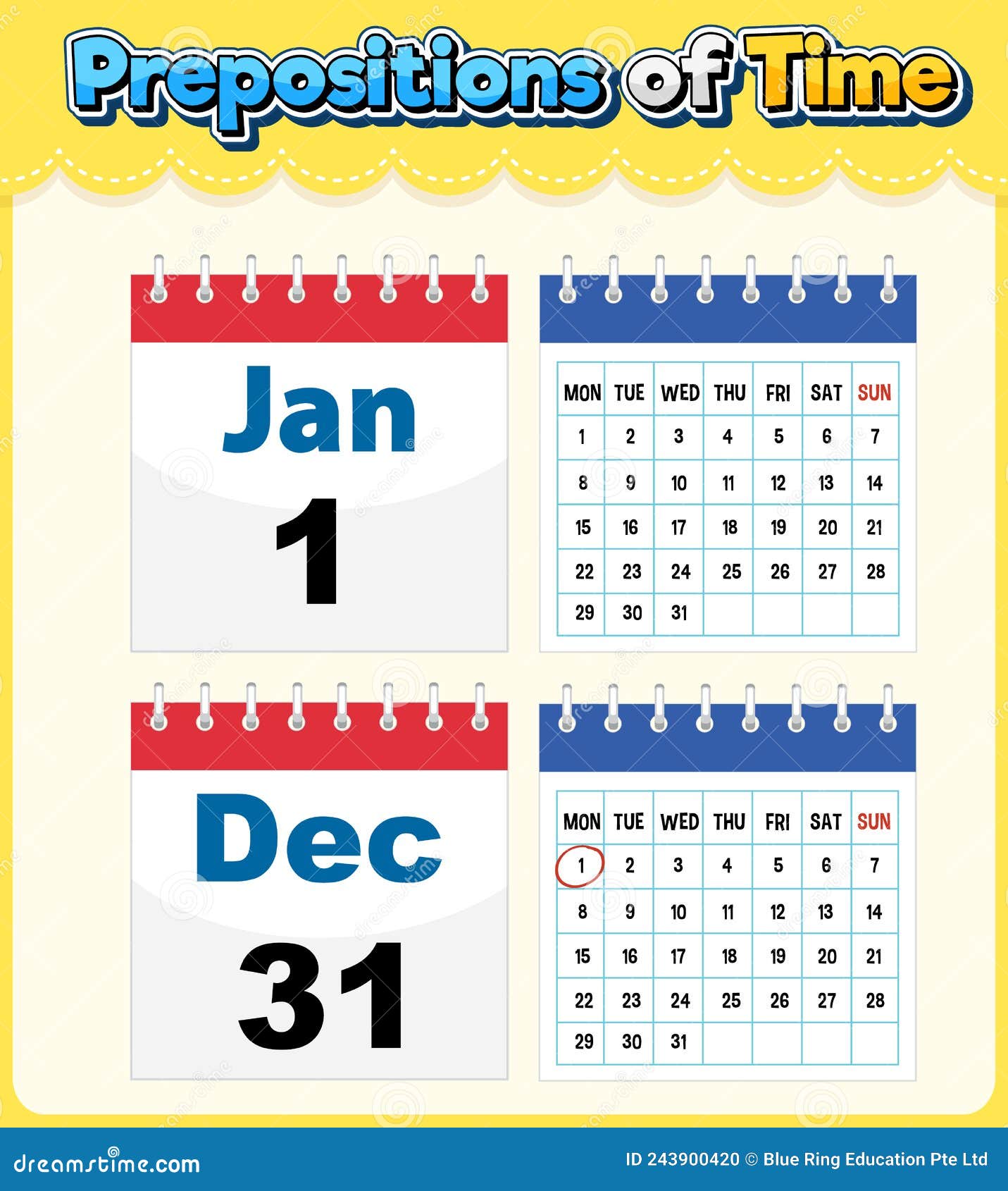 Preposition of Time with Calendar Stock Vector - Illustration of ...