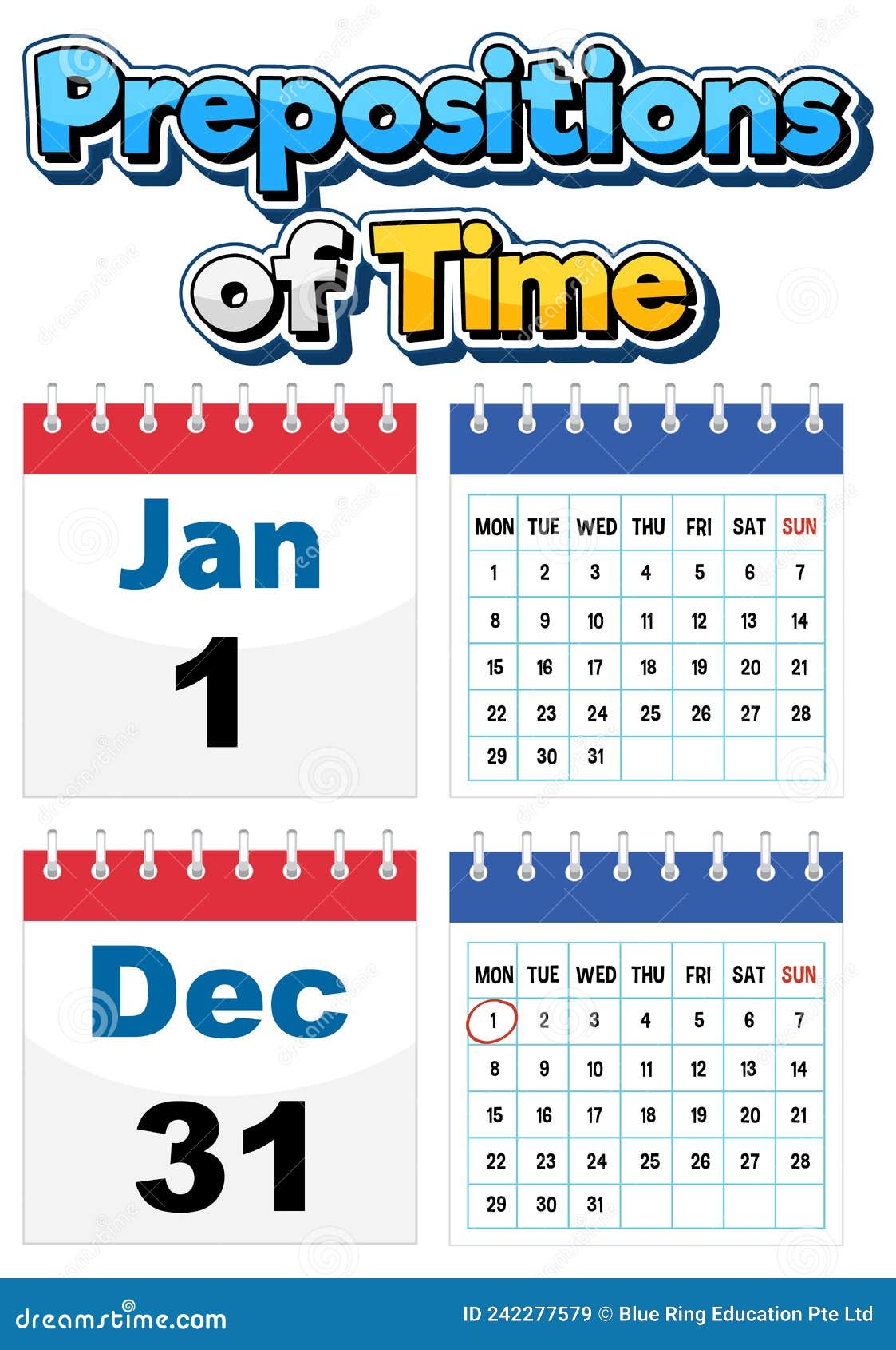 Preposition of Time Poster Design Calendar Stock Vector - Illustration ...