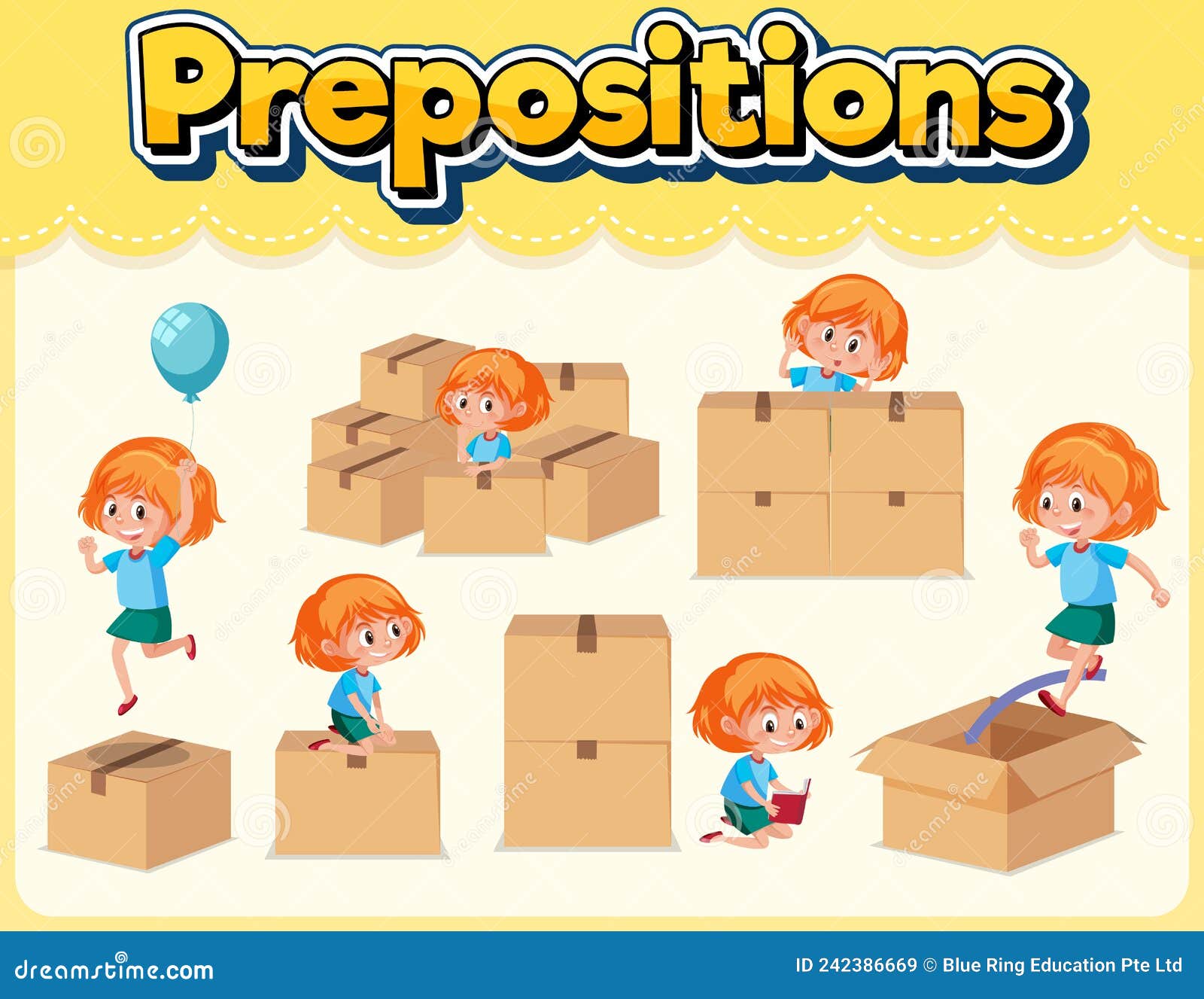 Preposition Wordcard With Girl And Box Cartoon Vector | CartoonDealer ...