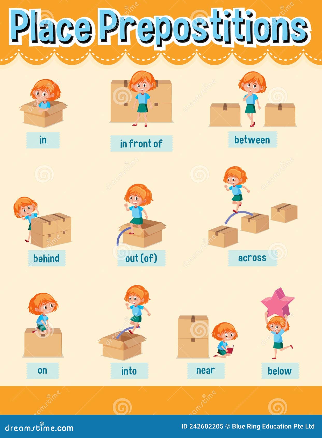 Preposition Wordcard with Girl and Box Stock Vector - Illustration of ...