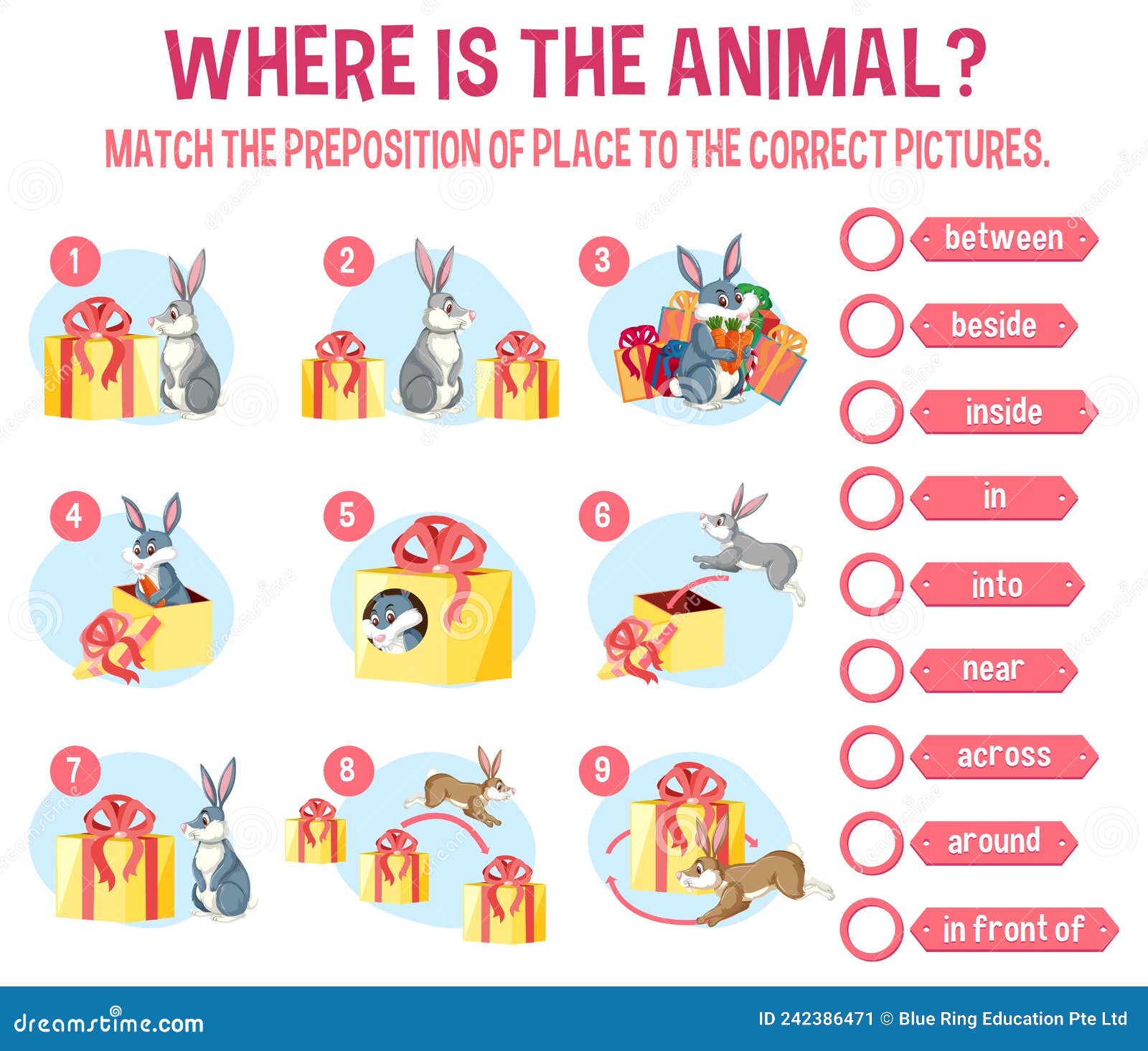 Prepostion Wordcard Design with Bunny and Boxes Stock Vector ...