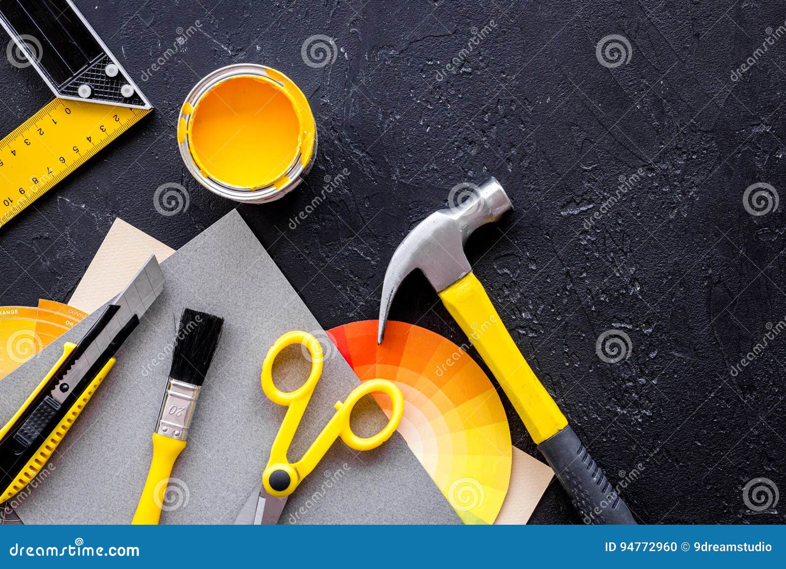Preraring for Home Repair. Tools on Balck Stone Desk Background Top ...