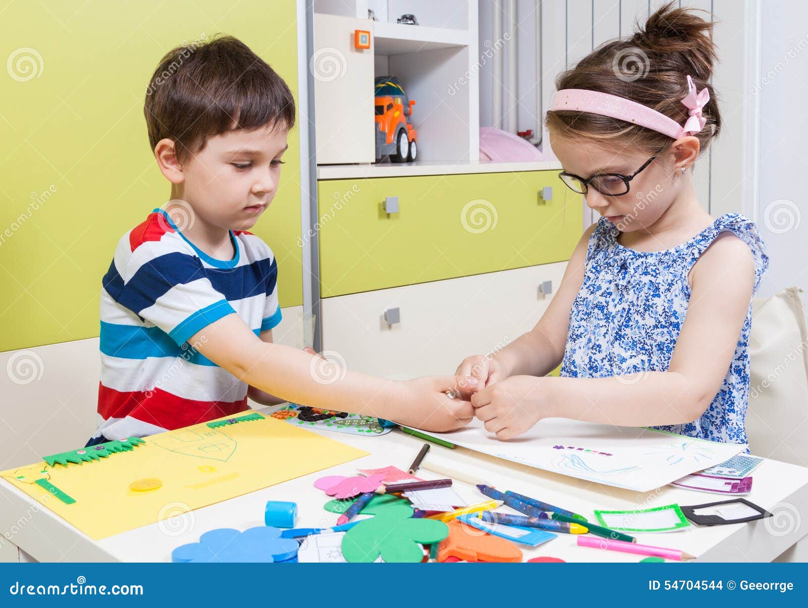 Preschool Child Create a Picture with Foam Shapes Stock Photo - Image ...