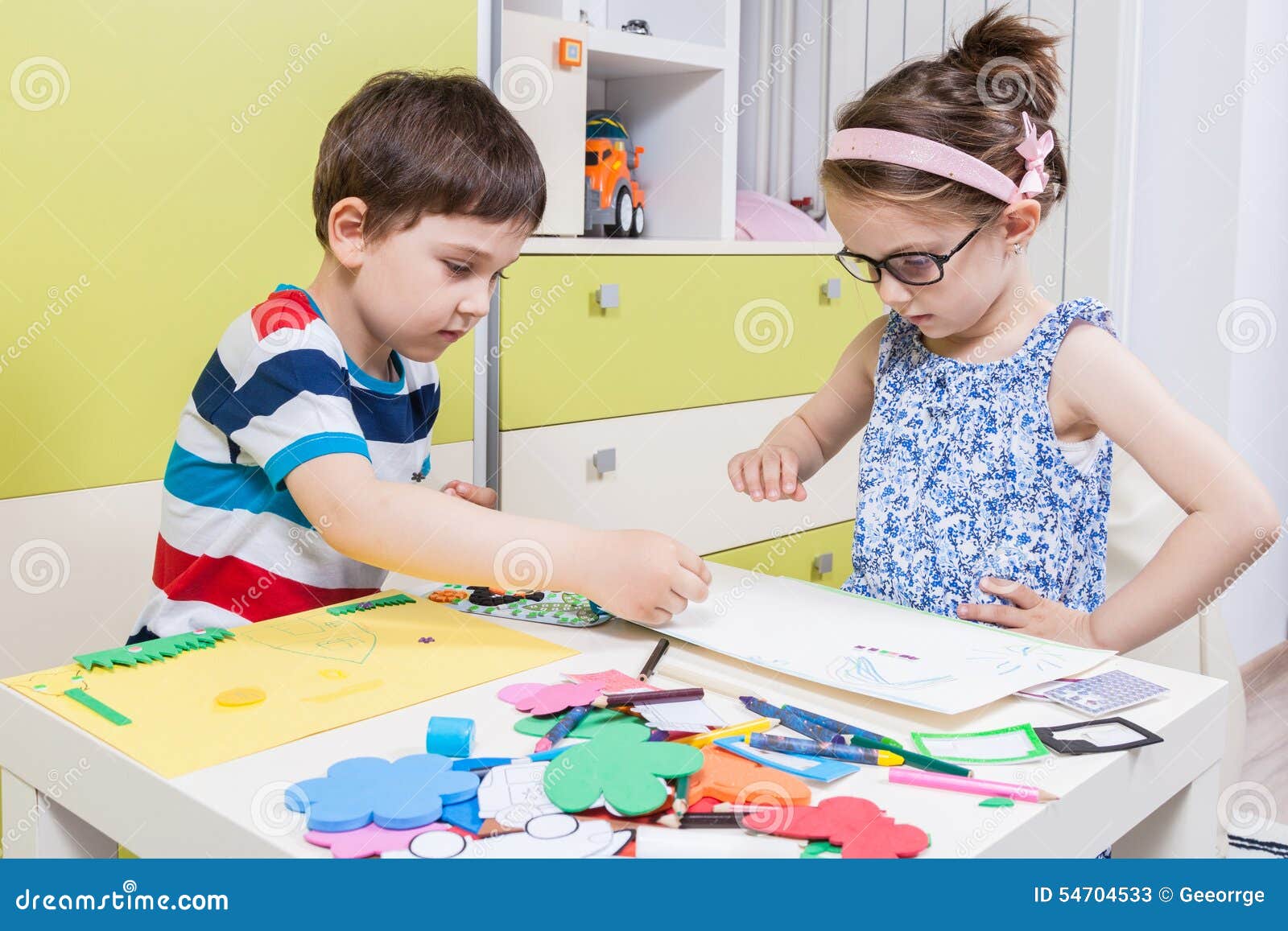 Preschool Child Create a Picture with Shapes Stock Image - Image of ...