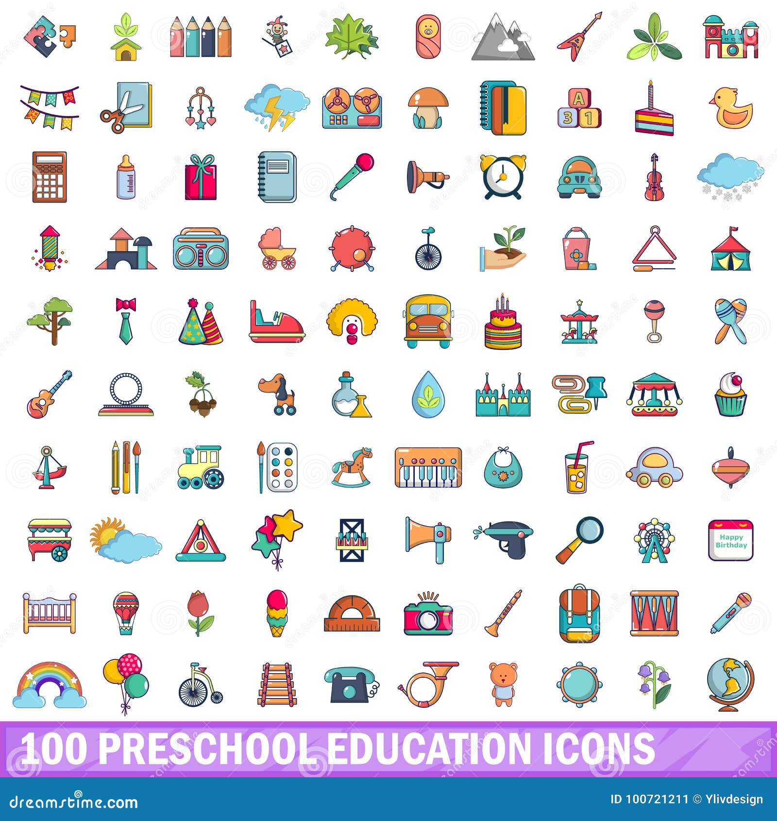 100 Preschool Education Icons Set Cartoon Style Stock Vector