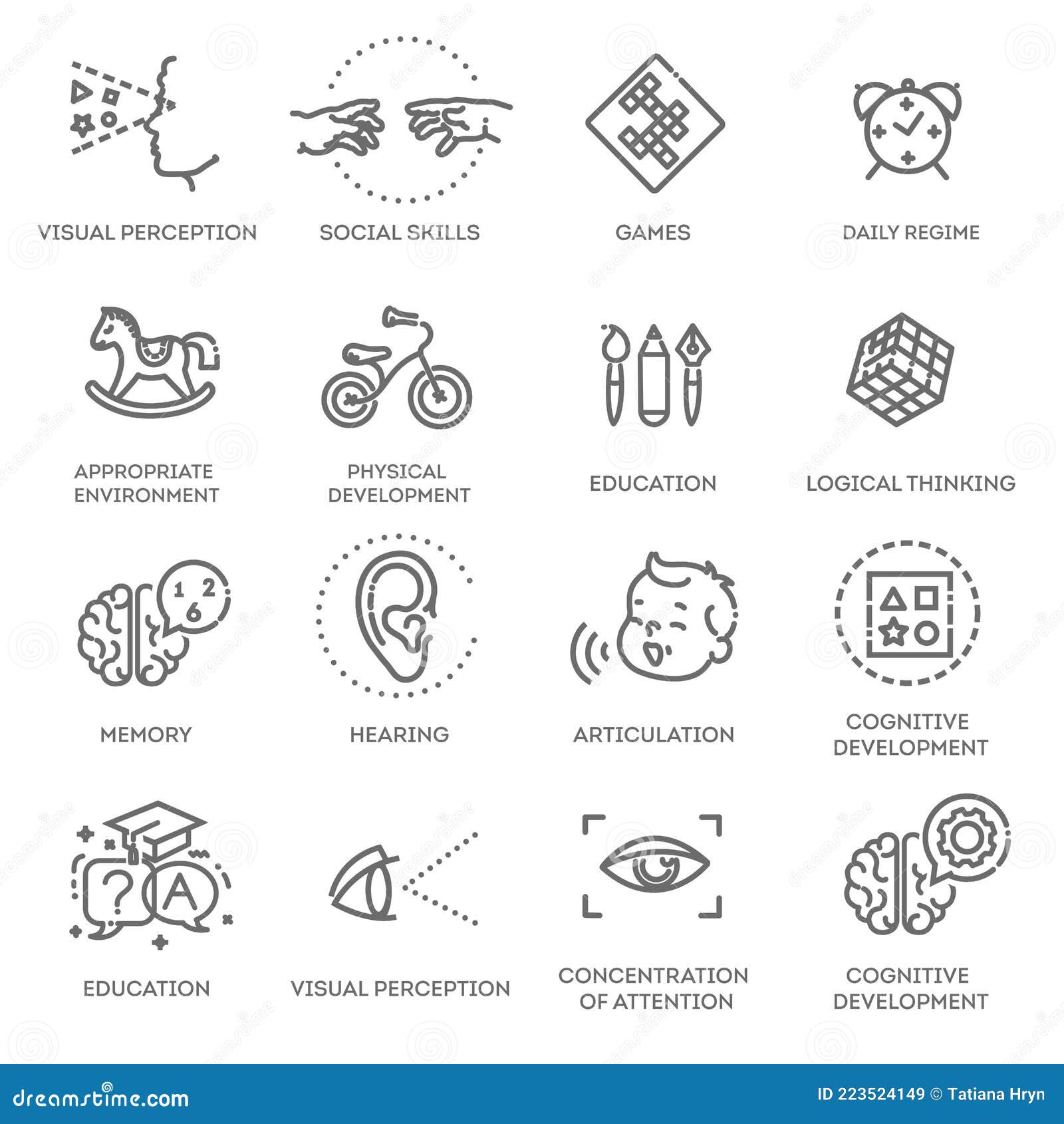 Preschool Education. Kids Development. Vector Icons Set Stock Vector ...