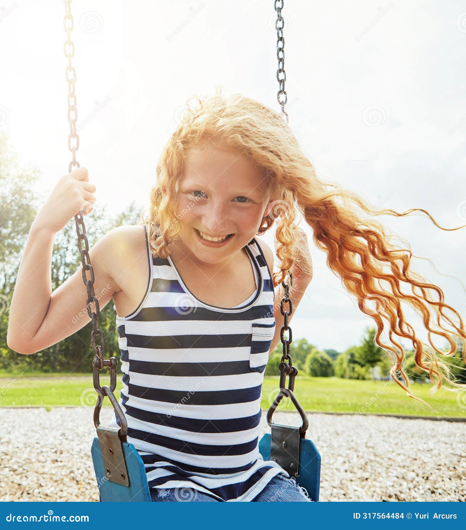 Preschool Girl Portrait And Smile With Park Swing And Nature For