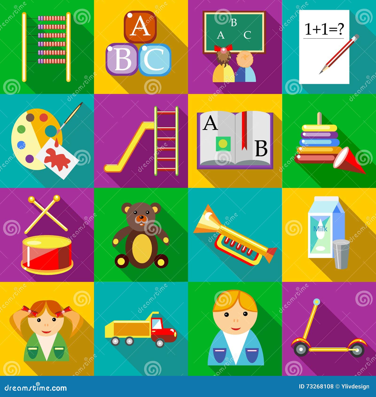 Preschool Icons Set, Flat Style Stock Vector - Illustration of learning ...