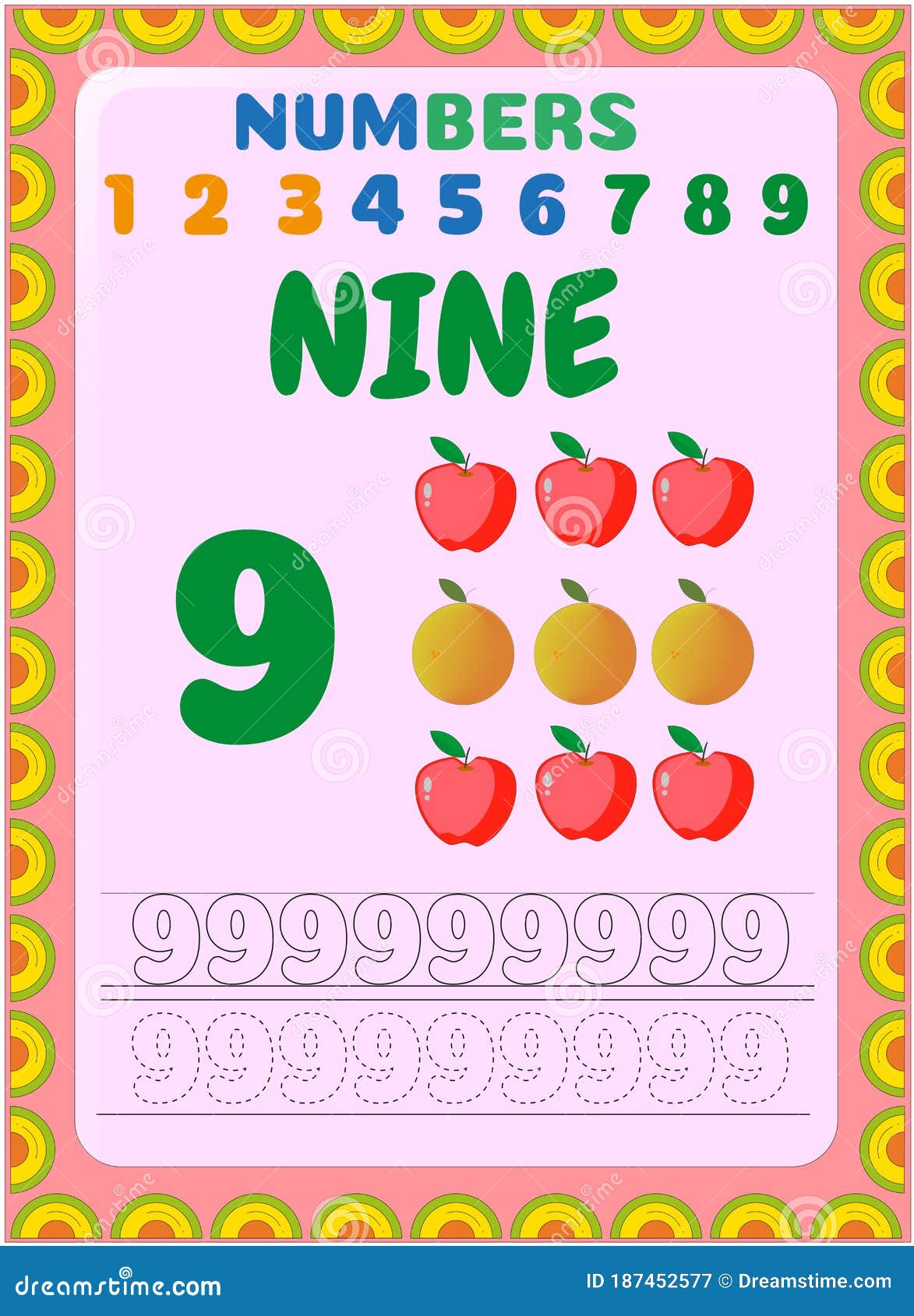 Preschool and Toddler Math with Red Apple and Orange Design Stock ...