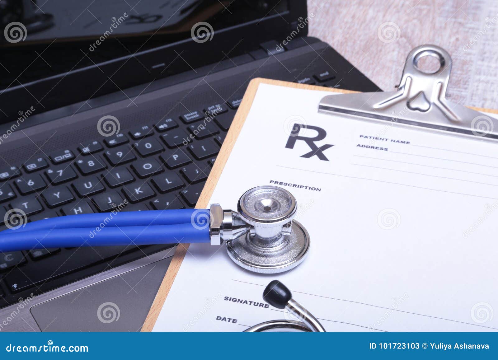 Prescription Form with Laptop Computer and Medical Stethoscope Stock ...