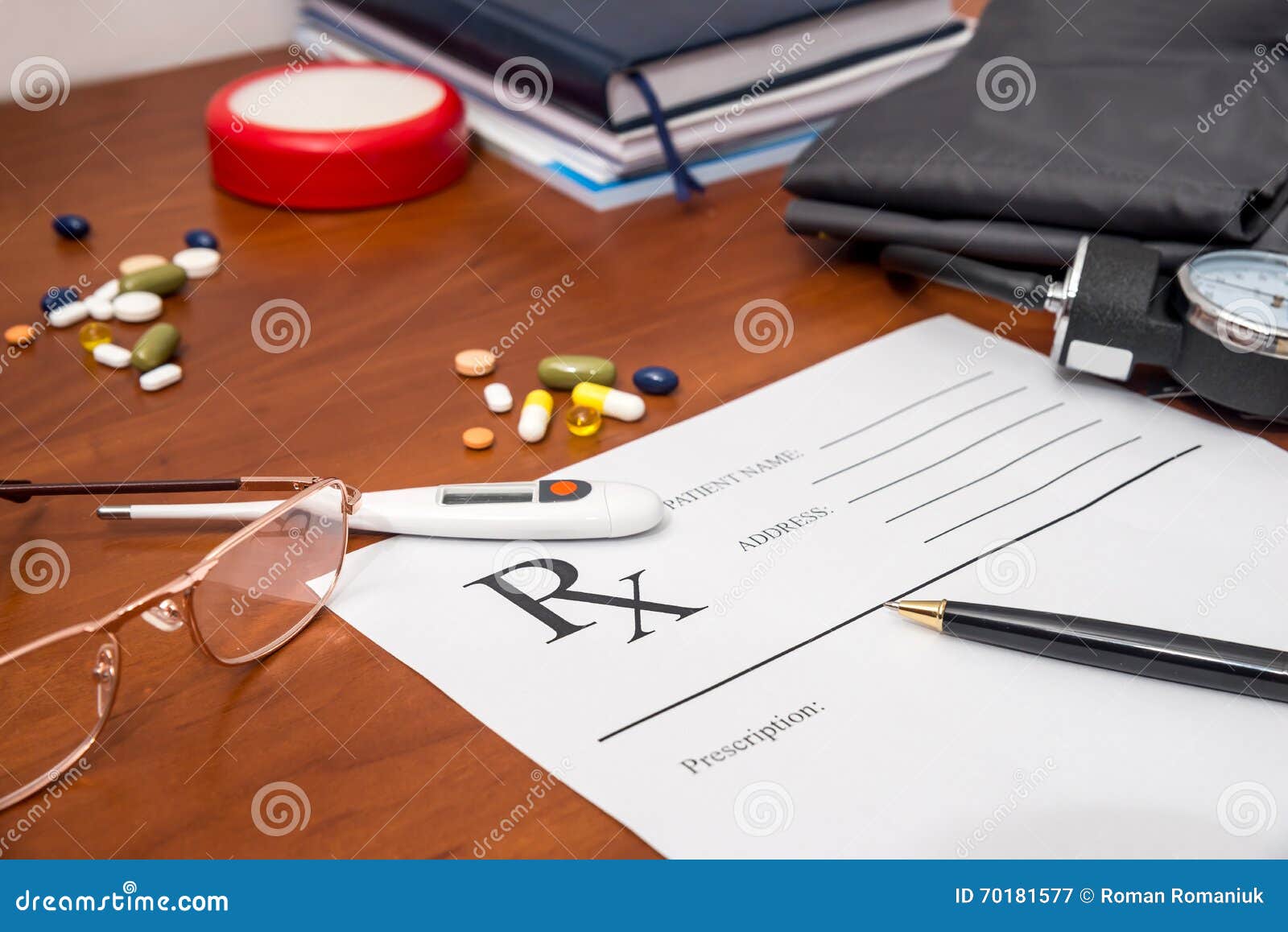 Prescription Form with Pills, Pen, Glasses and Stethoscope Stock Image ...