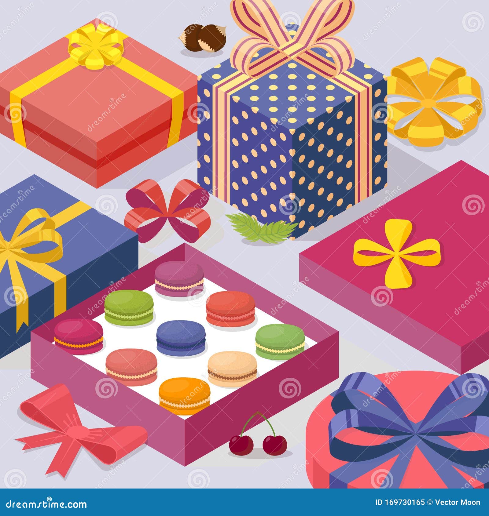 Present Box with Macarons, Vector Illustration. Decorative Gift Boxes ...