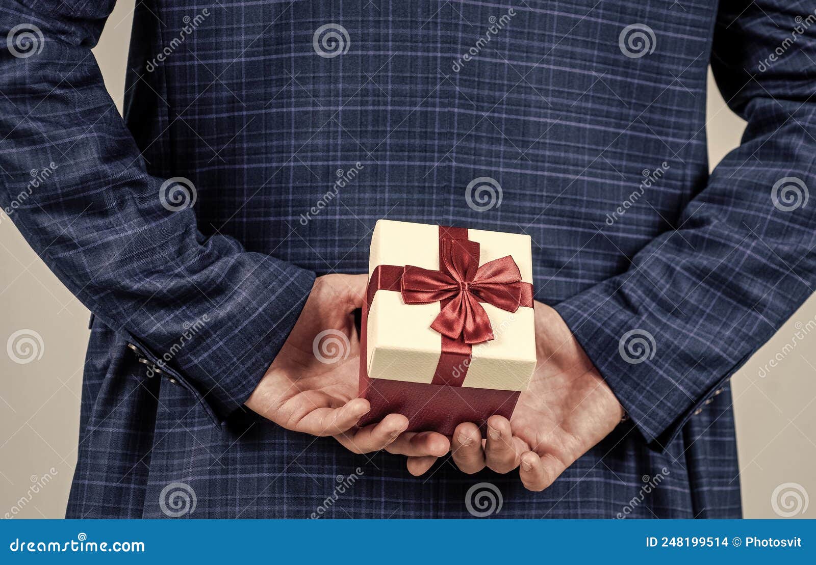 Present Box in Male Hands Behind Back, Boxing Day Stock Photo - Image ...