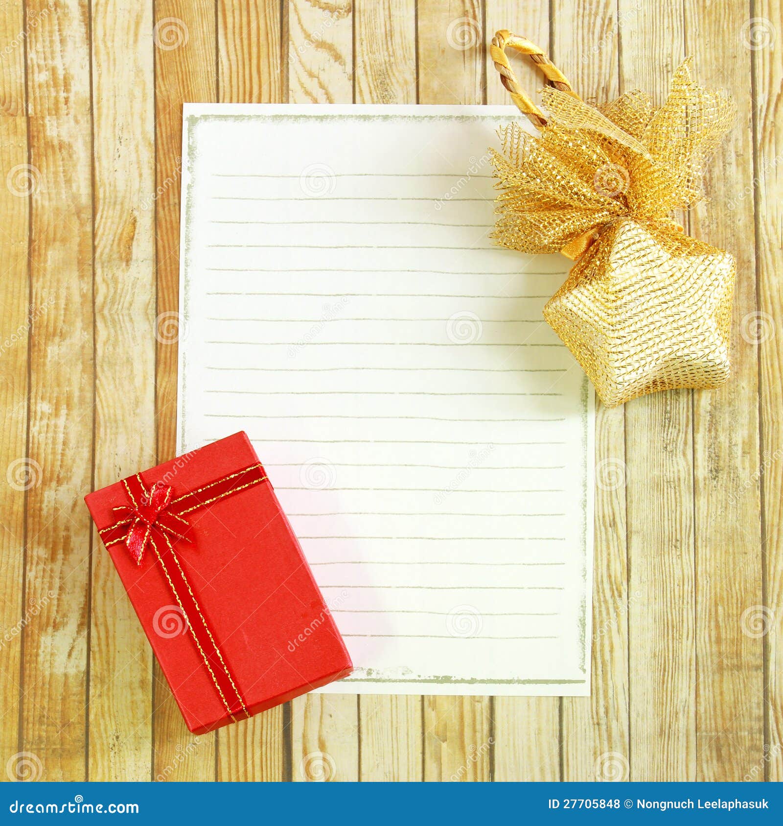 Present Box with Paper on Wooden Background Stock Photo - Image of ...