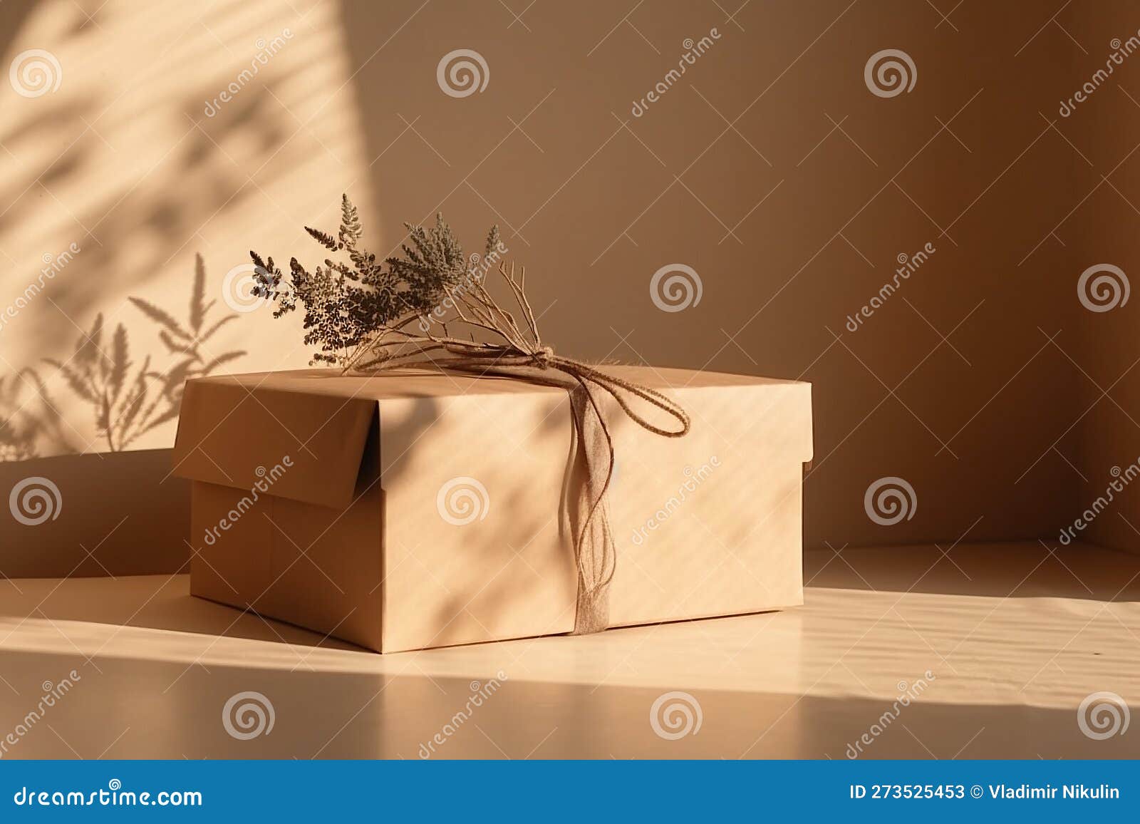 Present Box with Tree Branch Shadows on Beige Background, Created with ...