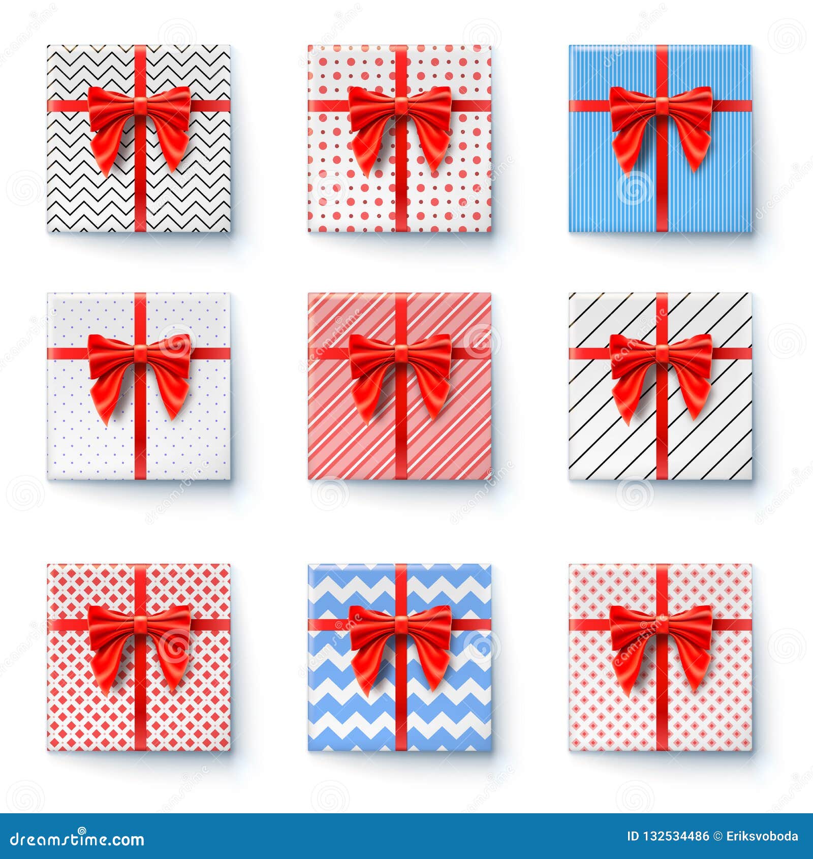Present Boxes with Red Ribbon and Big Bow Isolated on White. Flat Lay ...