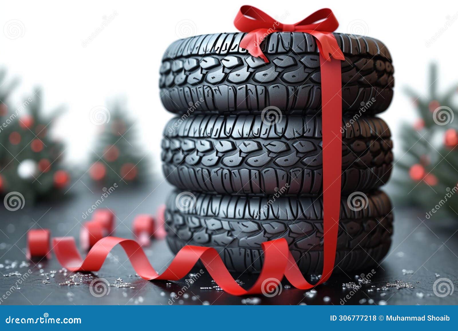 Present Concept Tires with a Red Ribbon, 3D Icon Stock Illustration ...
