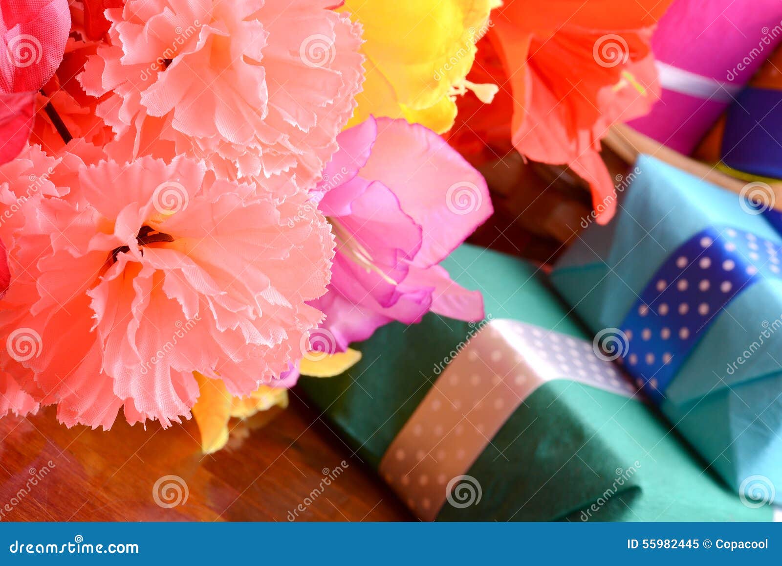 Present Gift Box and Flower Bouquet on Silk Stock Image - Image of ...