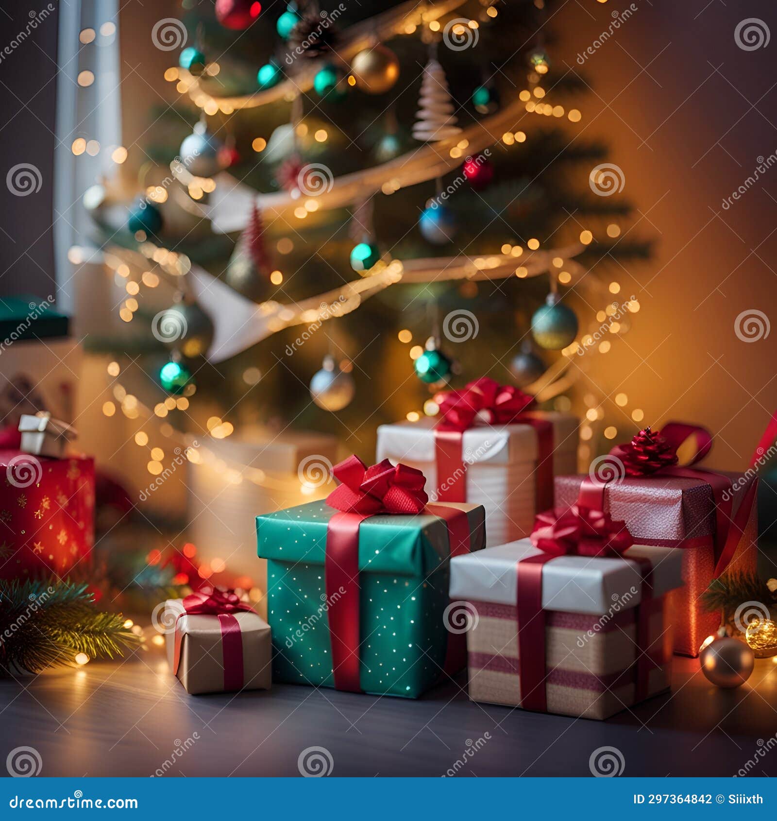 Present Gift Boxes Around Christmas Decorated Tree in a Room Stock ...