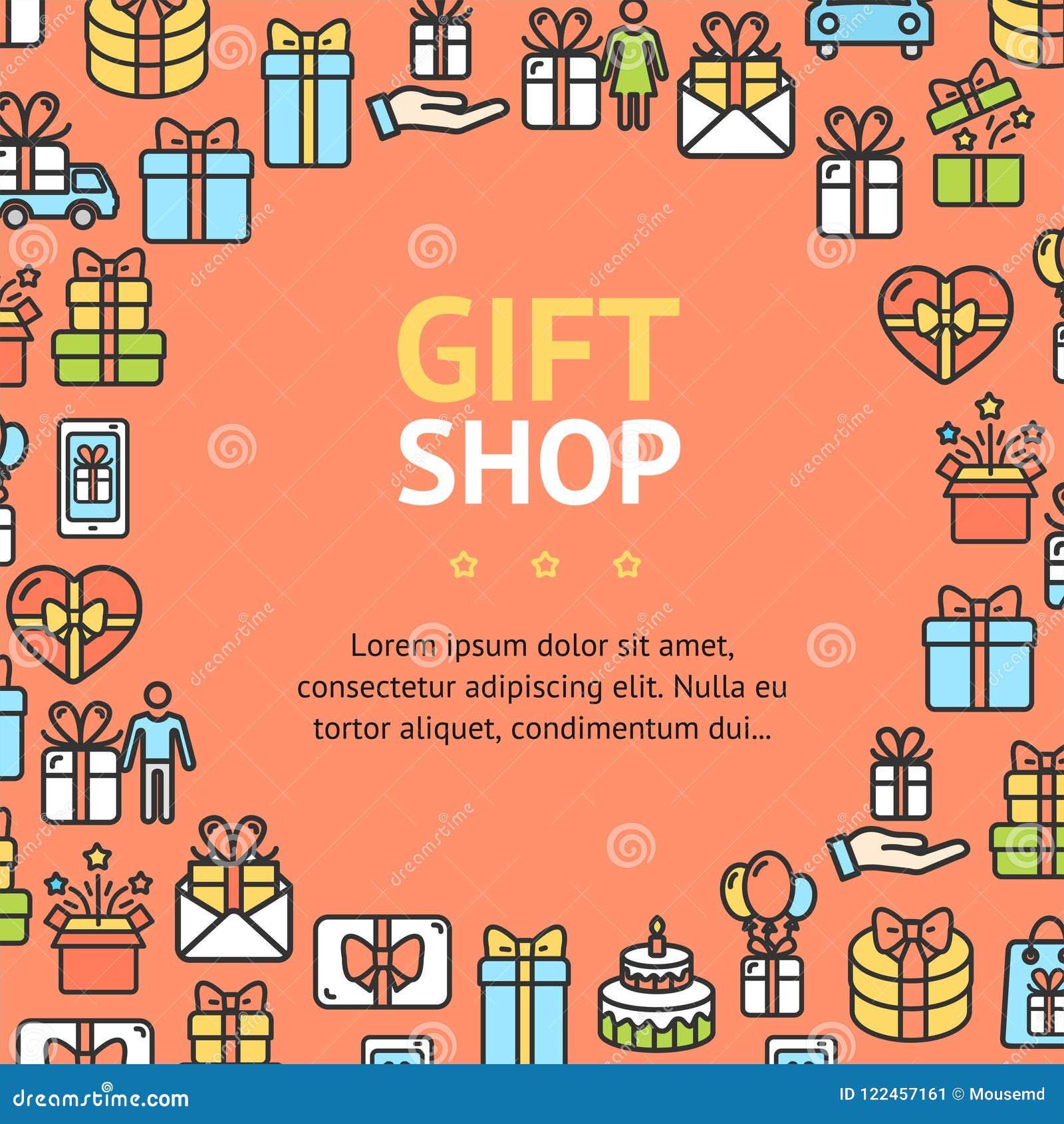 Present Gift Shop Signs Round Design Template Thin Line Icon Concept ...